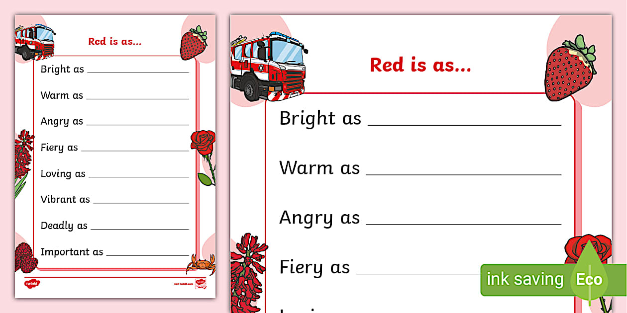 Red Is As... Simile Poem Writing Template, Red Poem - Twinkl