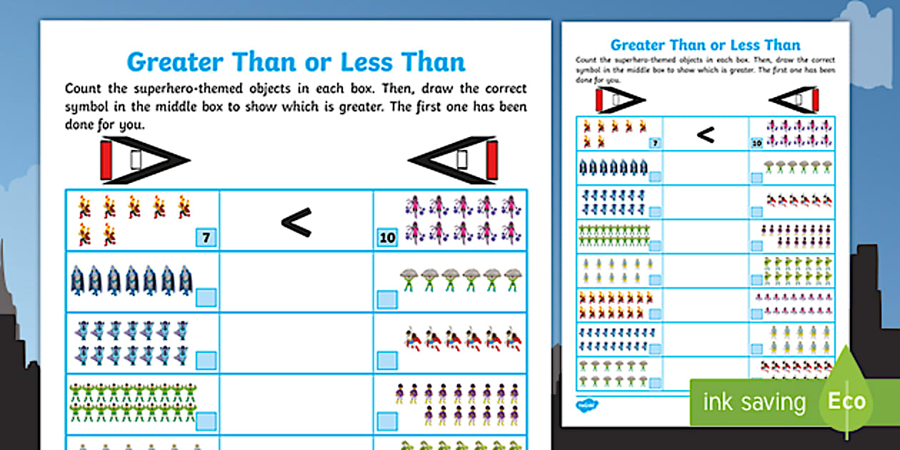 Superhero Themed Greater Than or Less Than up to 20 Worksheet