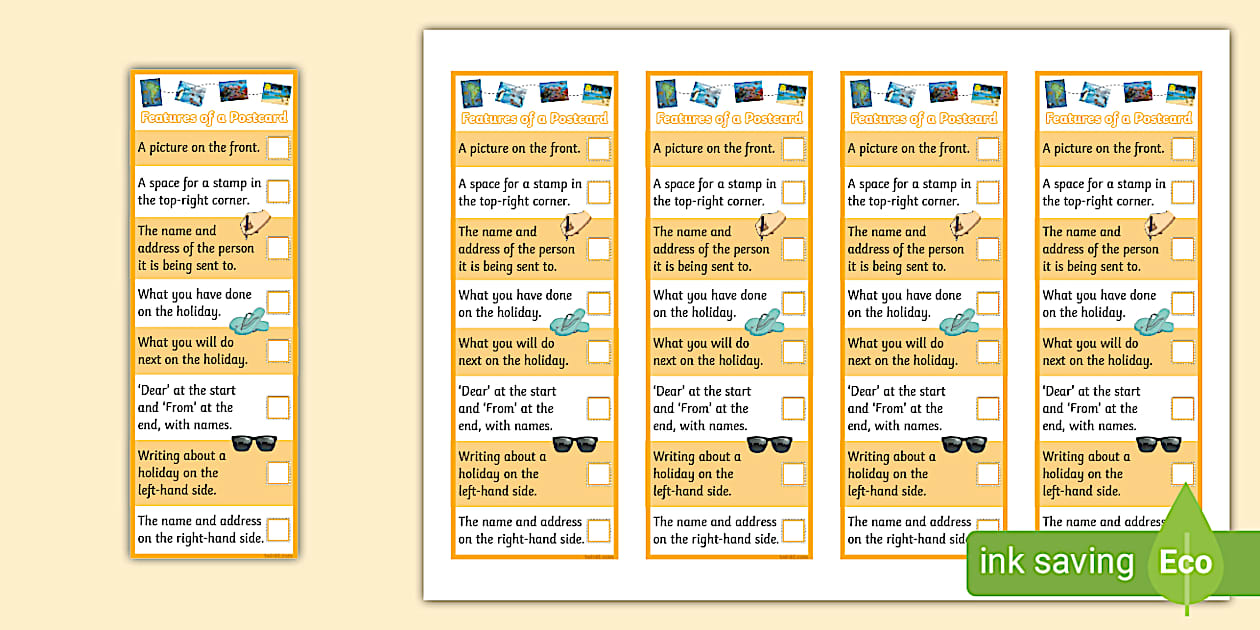 Features of a Postcard Bookmark Checklist (teacher made)