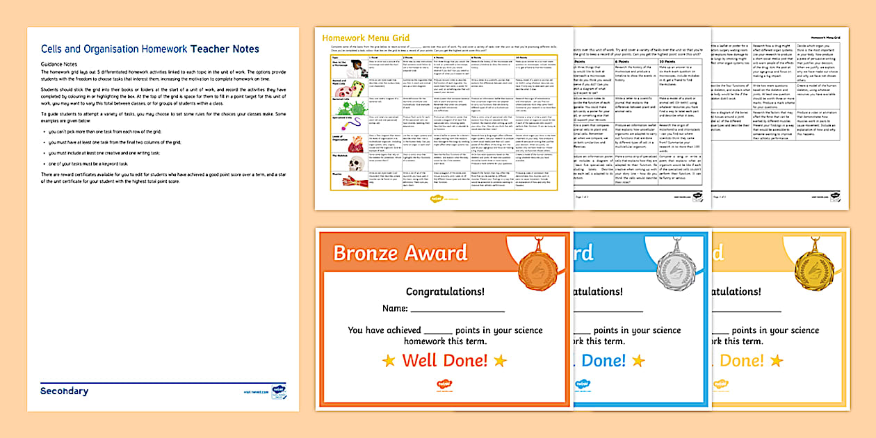 Cells and Organization Differentiated Homework Tasks