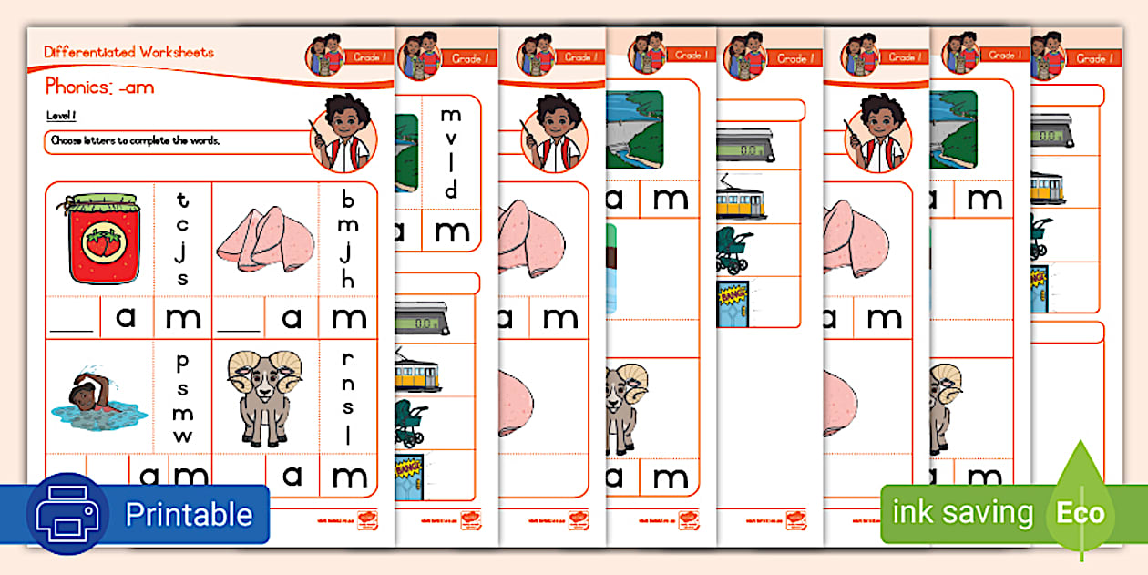 Grade 1 Phonics: -am Differentiated Worksheets - Twinkl