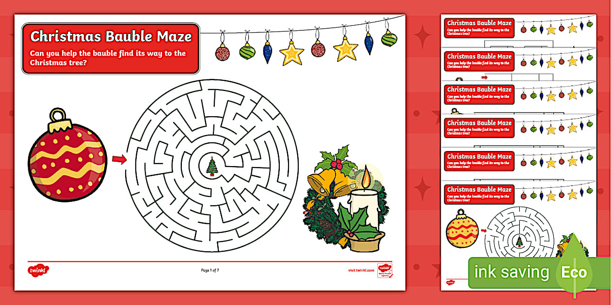 Christmas Bauble Maze Activity Worksheets for Kids - Twinkl