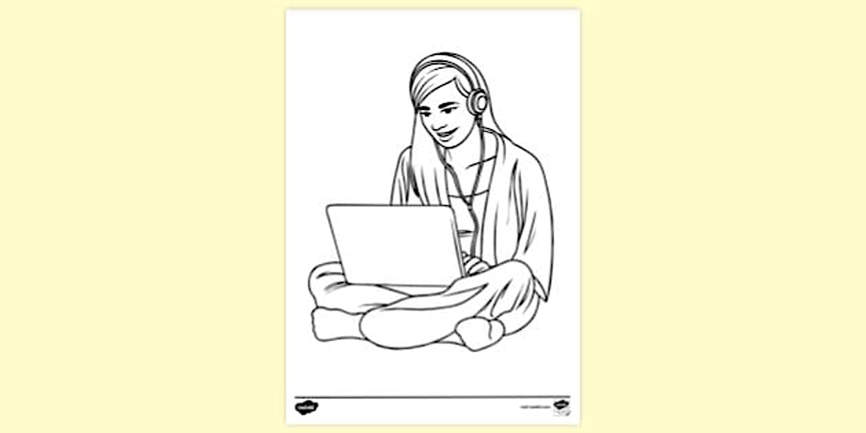 Teenager Using Laptop and Headphones Colouring Sheets