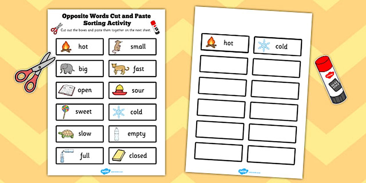 Black and White Antonyms Cut and Paste Sorting Activity