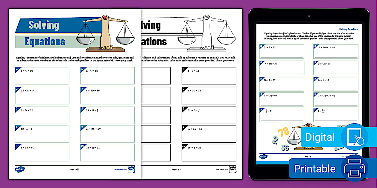 Sixth Grade Solving Equations Math Worksheet (teacher made)