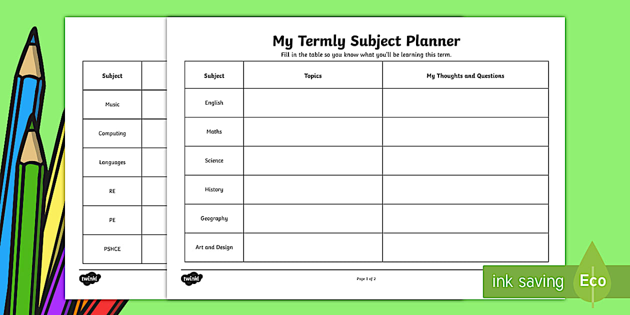 Year 6 Back to School Termly Subject Planner Worksheet / Worksheet