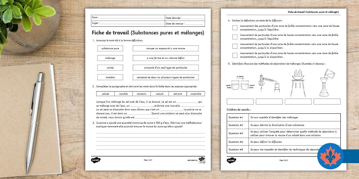 Pure Substances and Mixtures Homework Sheet French