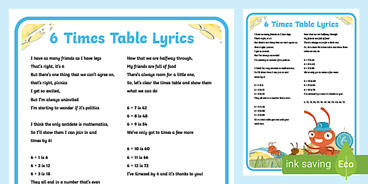 👉 6 Times Tables Song Lyrics Poster | Twinkl Go! - Twinkl
