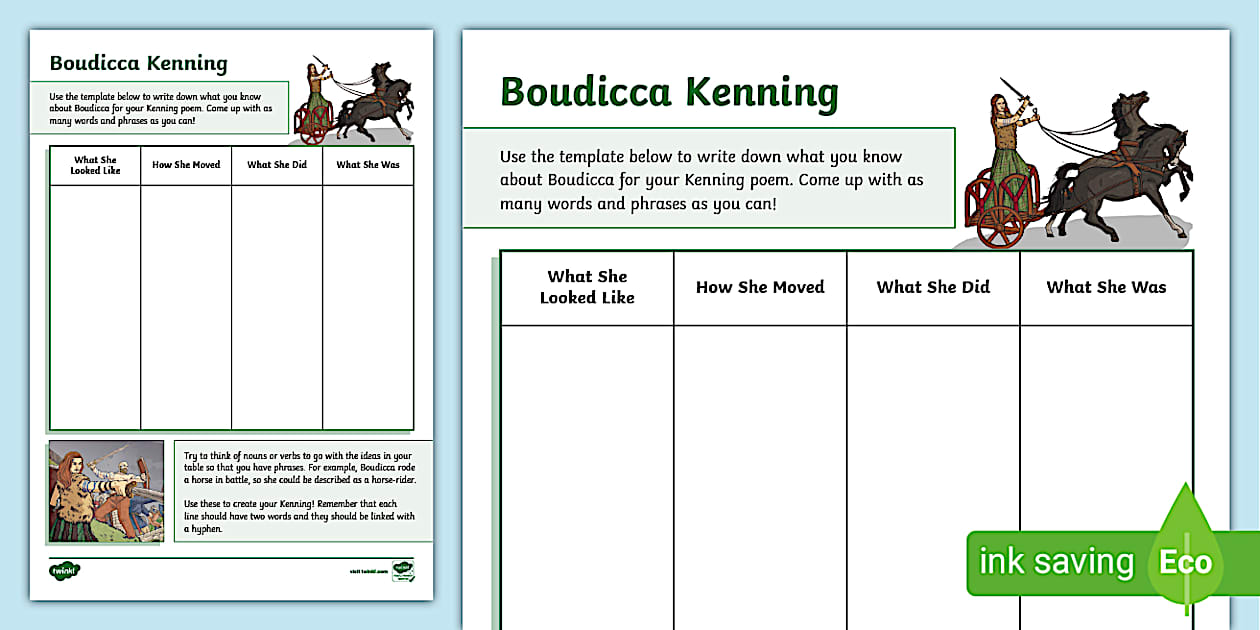 Boudicca Kenning Poem Template, Boudicca