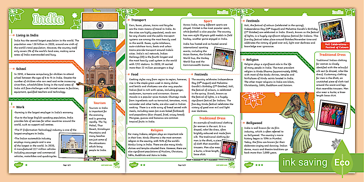 Facts about India for Kids Information Sheet | Geography