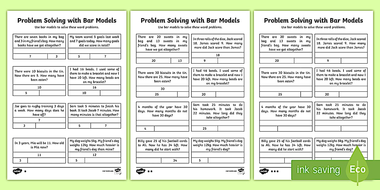 Editable Year 2 Maths Bar Model Problem-Solving Homework Worksheets