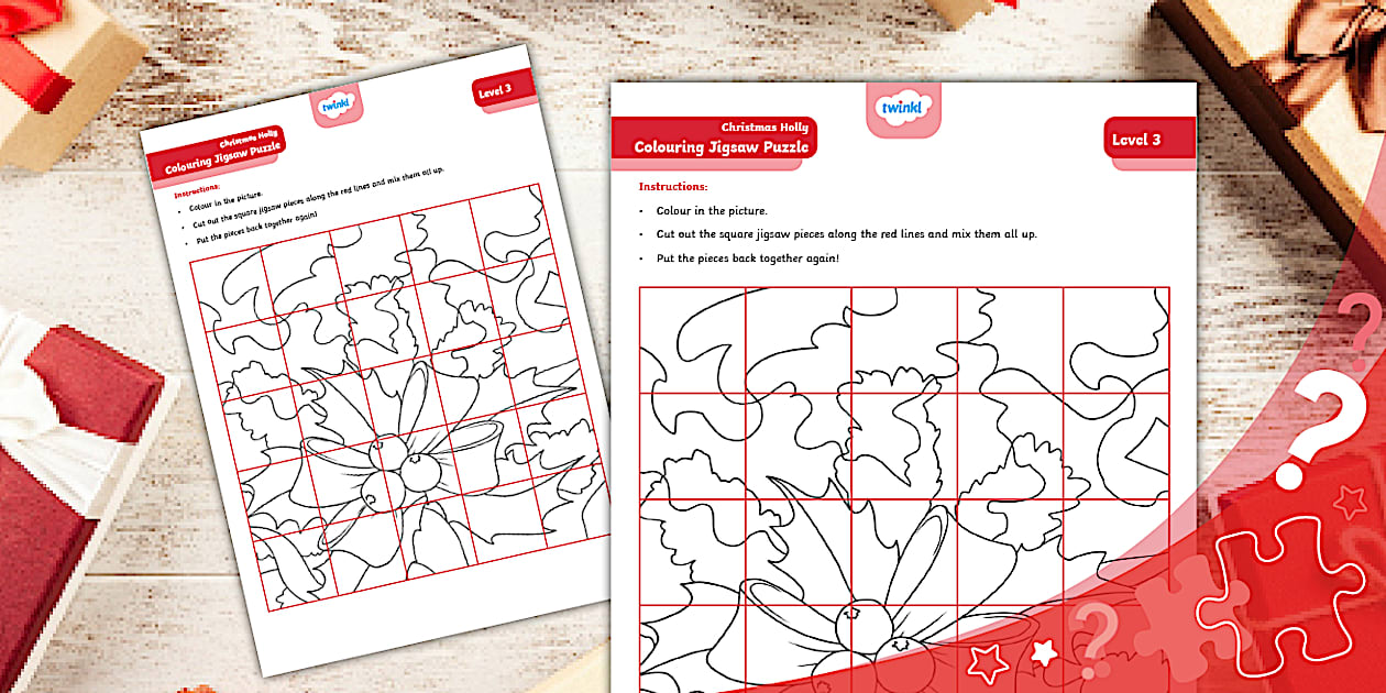 Christmas Holly Colouring Jigsaw Puzzle - L3 (teacher made)