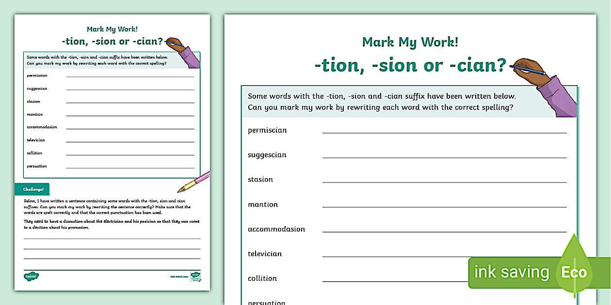 Mark My Work! -tion, -sion or -cian? (Teacher-Made) - Twinkl