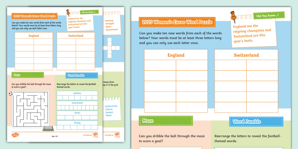 2025 Women's Euros Puzzle Page - Twinkl - KS2 - Twinkl