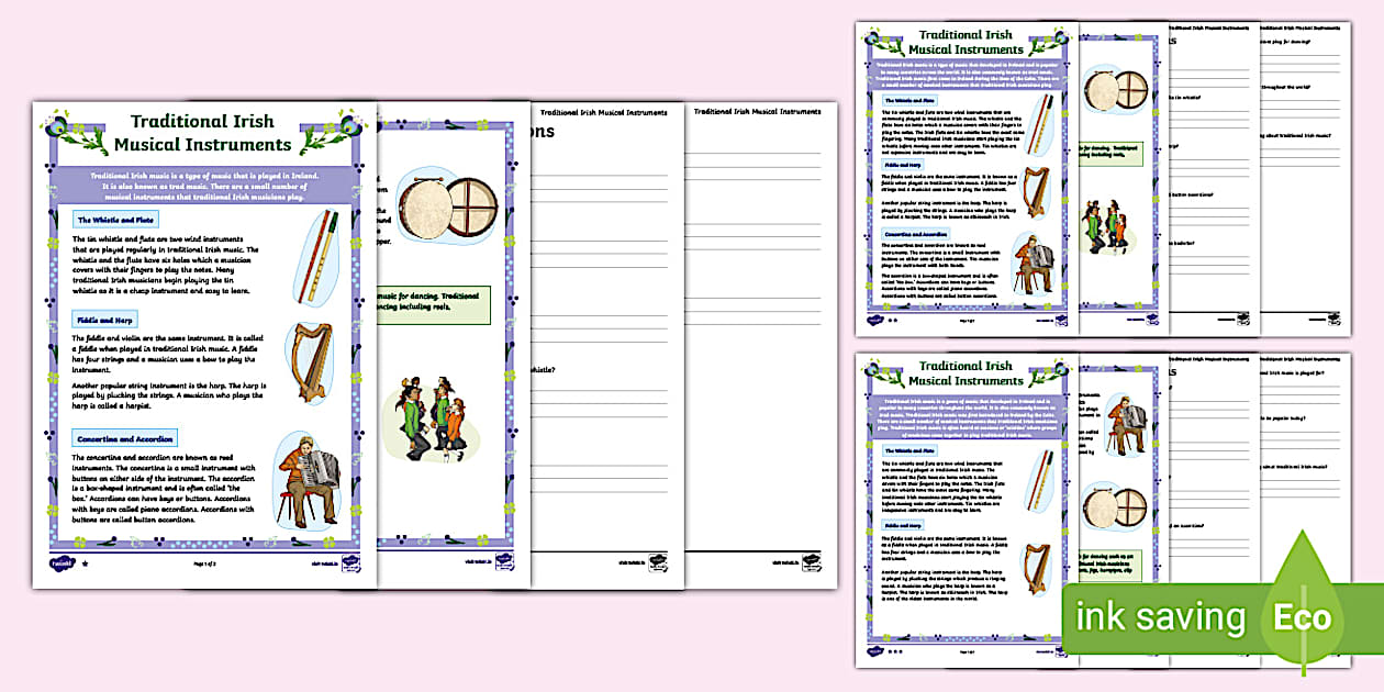 Traditional Irish Musical Instruments Differentiated Reading Comprehension