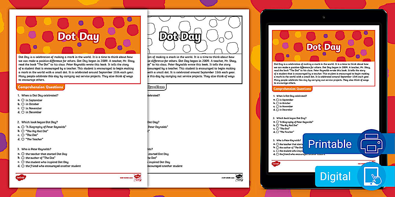 Third Grade Dot Day Reading Passage Comprehension Worksheet