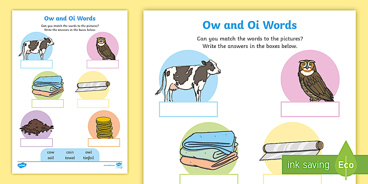 ow' and 'oi' Sounds Matching Activity Worksheet - Twinkl