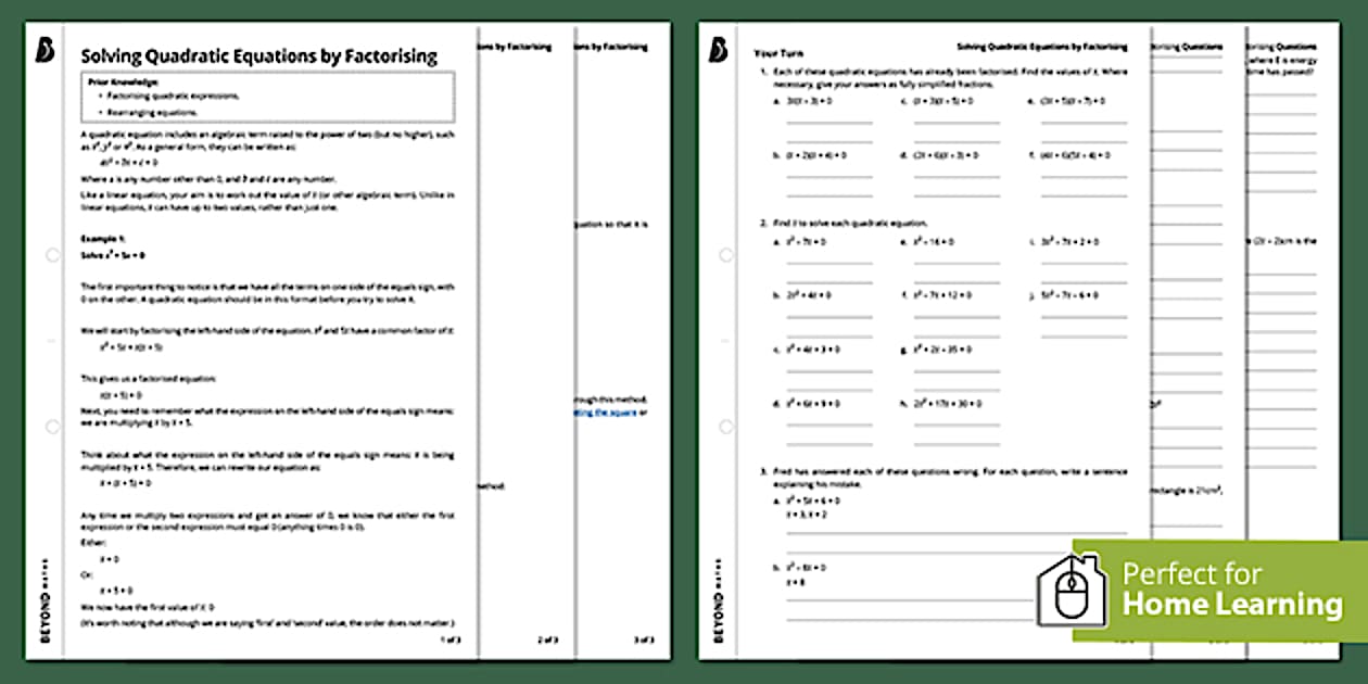 👉 Solving Quadratic Equations By Factorising KS4 Walkthrough Worksheet
