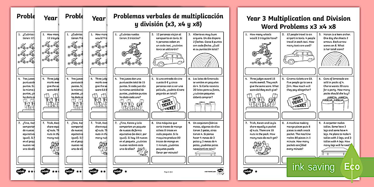 Year 3 Multiplication and Division Word Problems x3 x4 x8 Worksheets