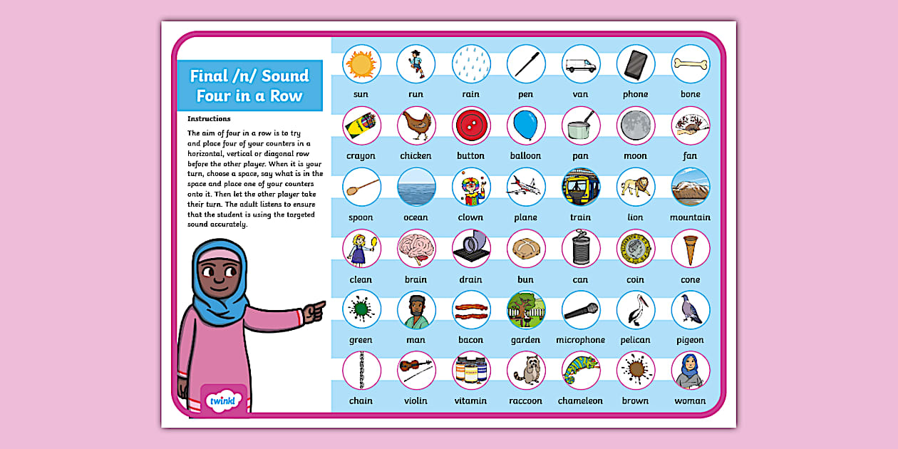 Final /n/ Sound Four in a Row (Teacher-Made) - Twinkl