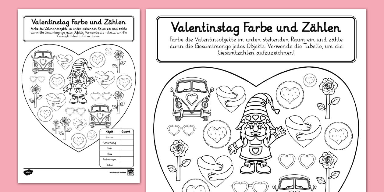 Valentinstag - Zählen und Ausmalen Arbeitsblatt - Twinkl