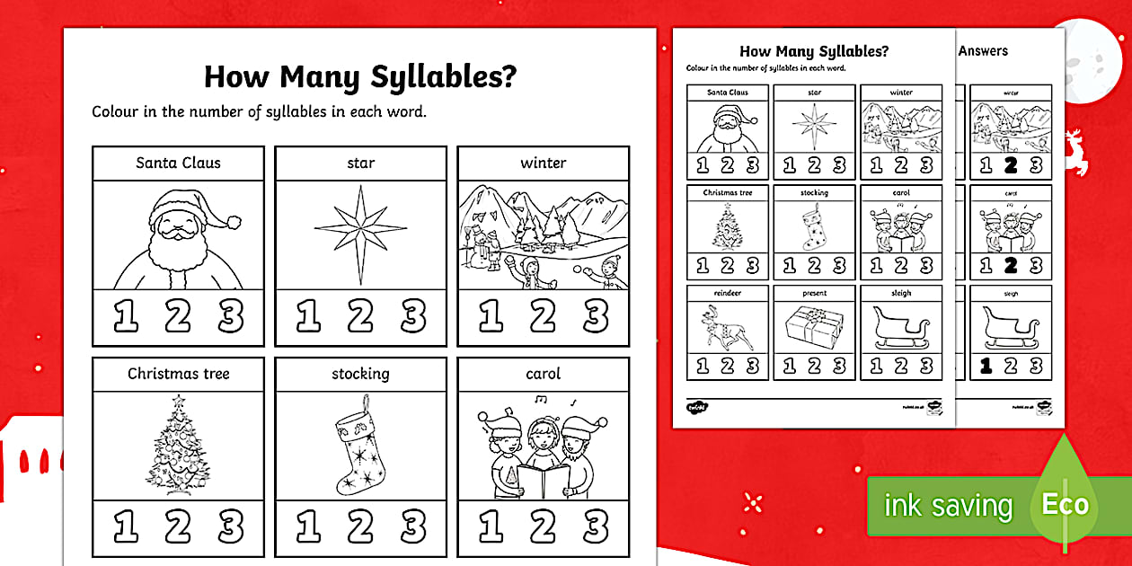 How Many Syllables? Christmas Worksheet / Worksheet - Twinkl