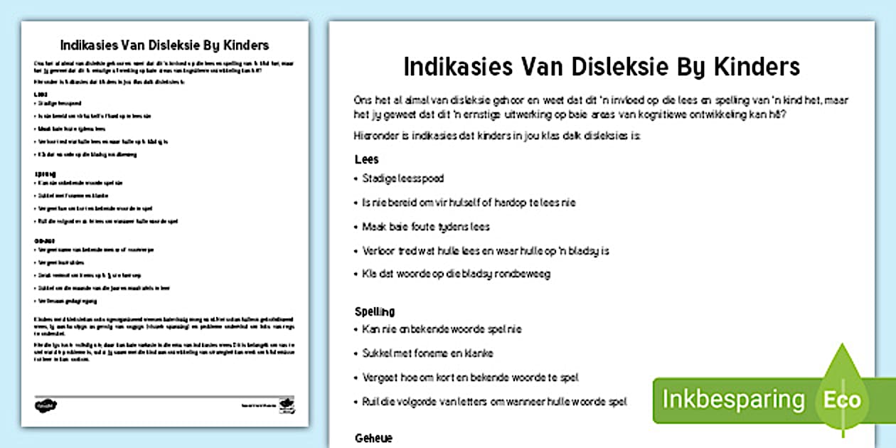 Indikasie Van Disleksie By Kinders Inligtingsbladsy - Twinkl