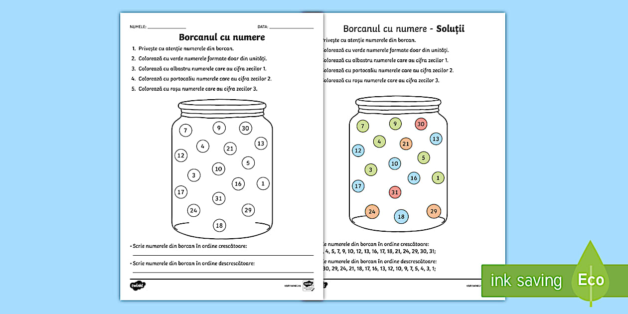 Editable Borcanul cu numere (0-31) – Fișă de lucru