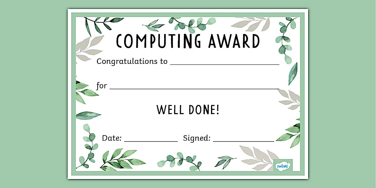 Muted Botanical Themed Computing Certificate - Twinkl