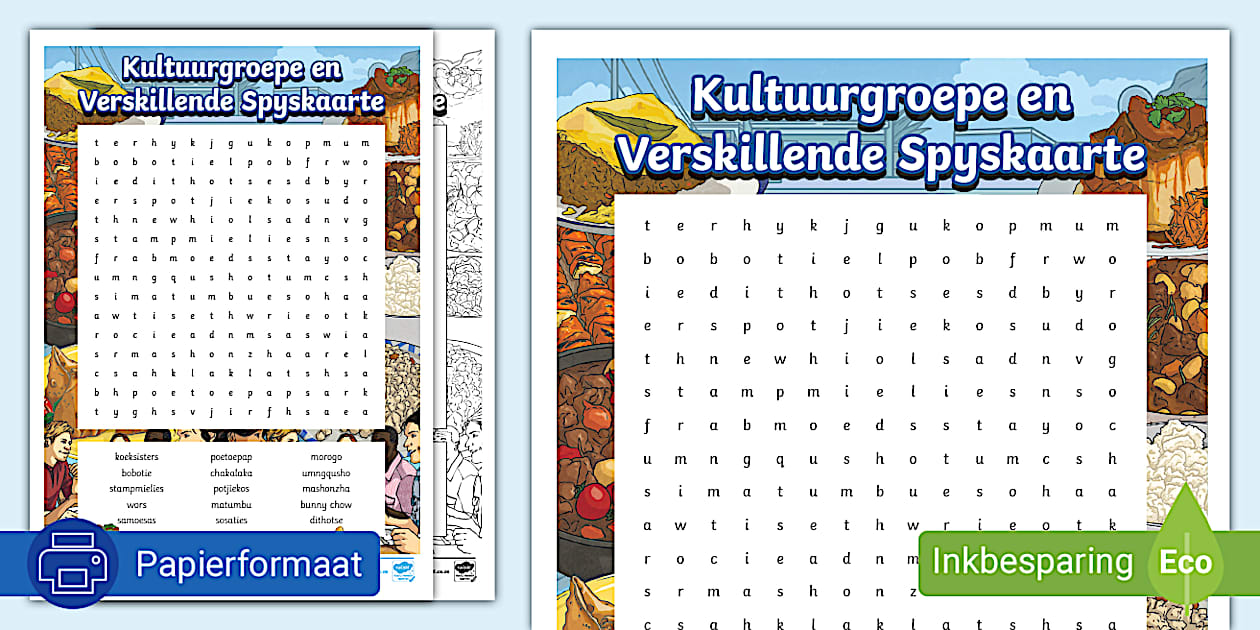 Kultuurgroepe en Verskillende Spyskaarte - Woordsoek
