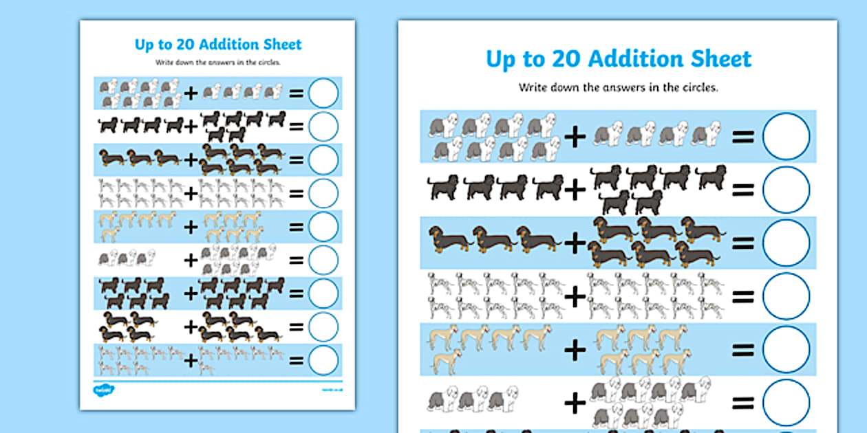 Dog-Themed Up to 20 Addition Sheet (teacher made) - Twinkl