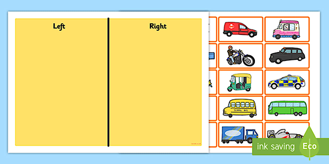 Black and White Left Or Right Transport Sorting Activity