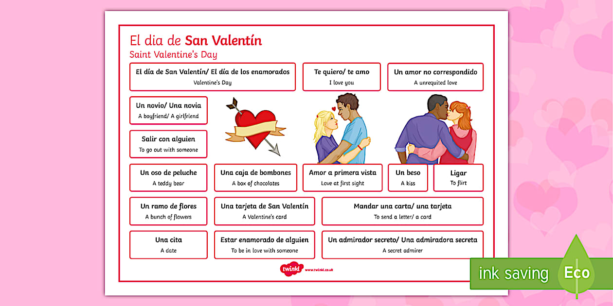 Valentine's Day Word Mat Spanish Translation