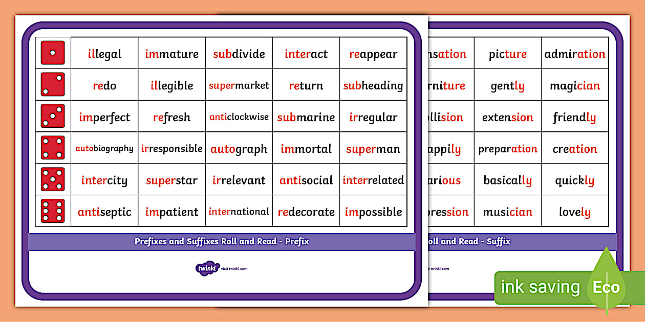 Black and White Prefixes and Suffixes Roll and Read Activity