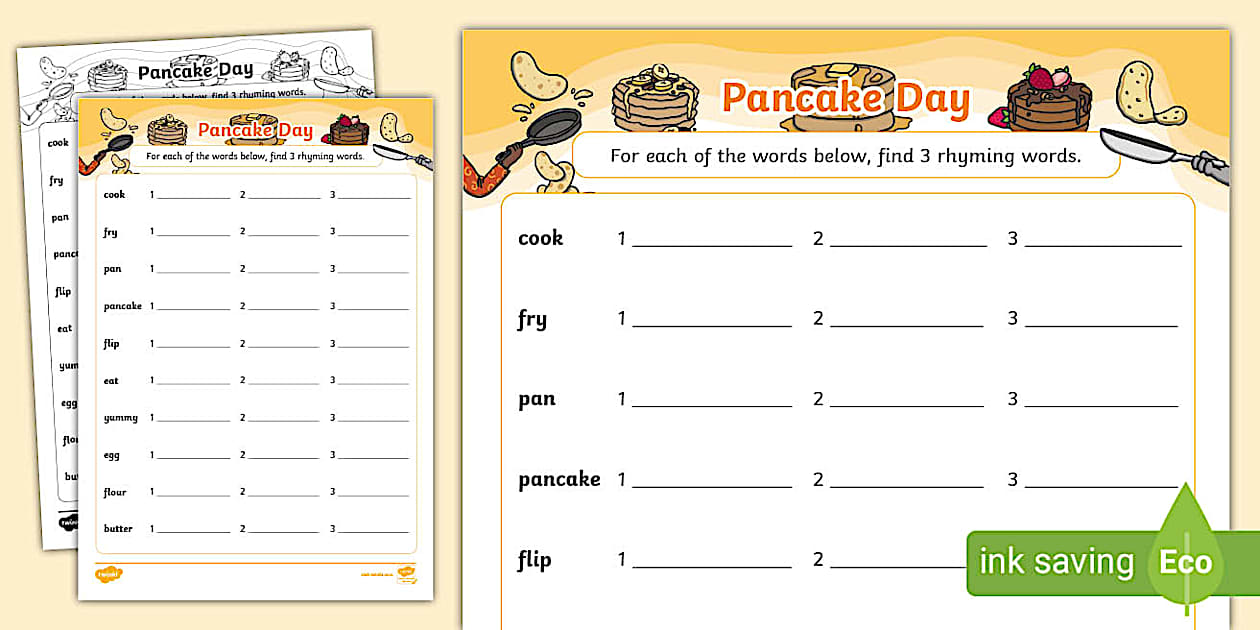 Pancake Day Rhyming Words Worksheet (teacher made) - Twinkl