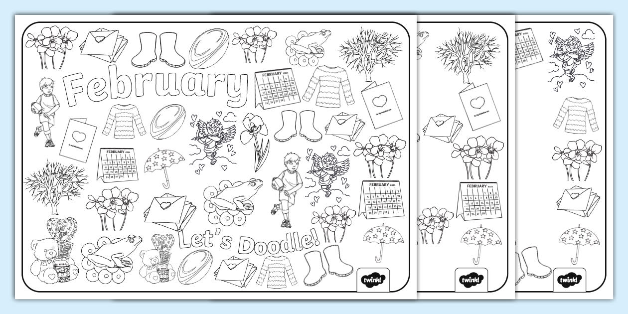 February Doodle Colouring Pages - Twinkl - KS1 - Twinkl
