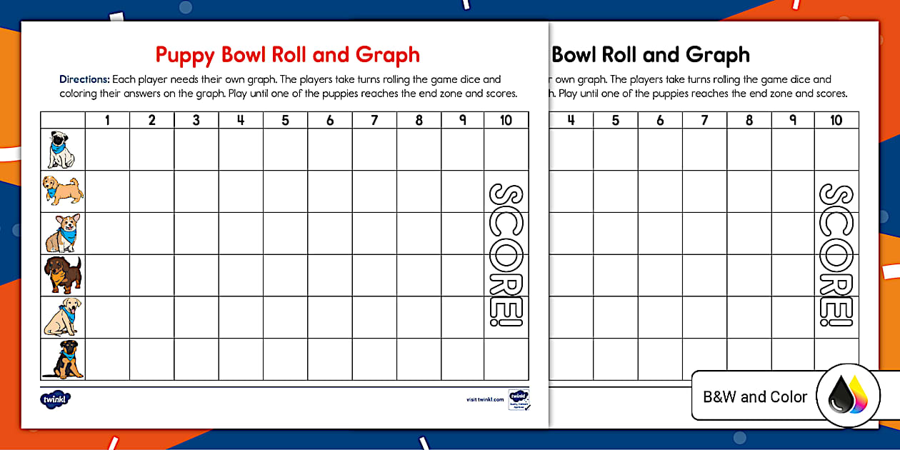 Puppy Bowl Roll and Graph to 10 Worksheet (teacher made)