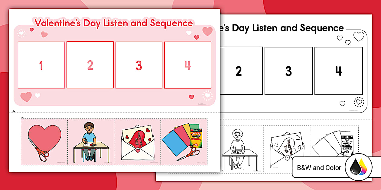 Valentine's Day Listen and Sequence Worksheet | Twinkl