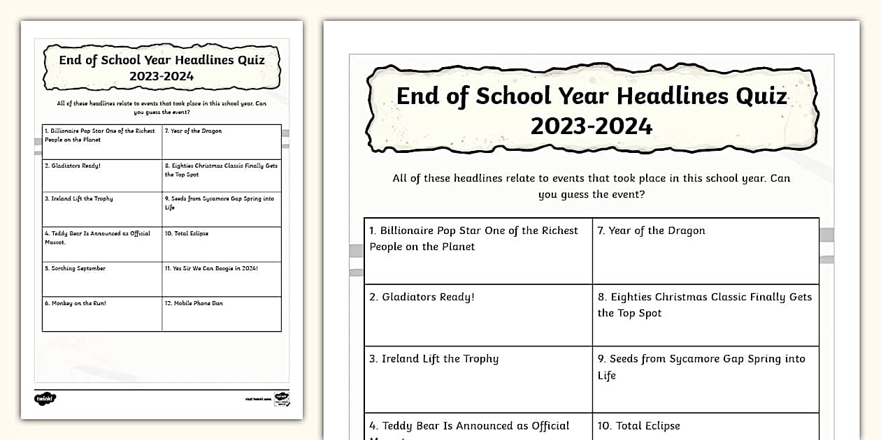 End of School Year Headlines Quiz 2023-2024 Activity Sheet