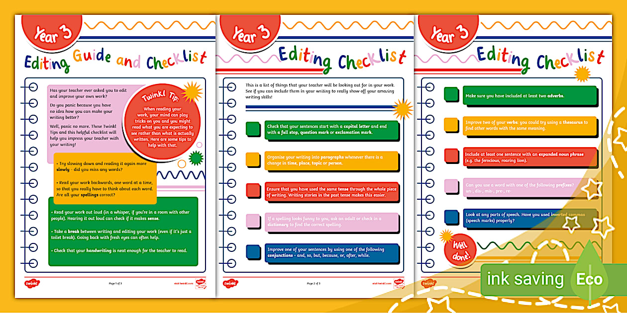 Year 3 Editing Guide and Checklist (teacher made) - Twinkl