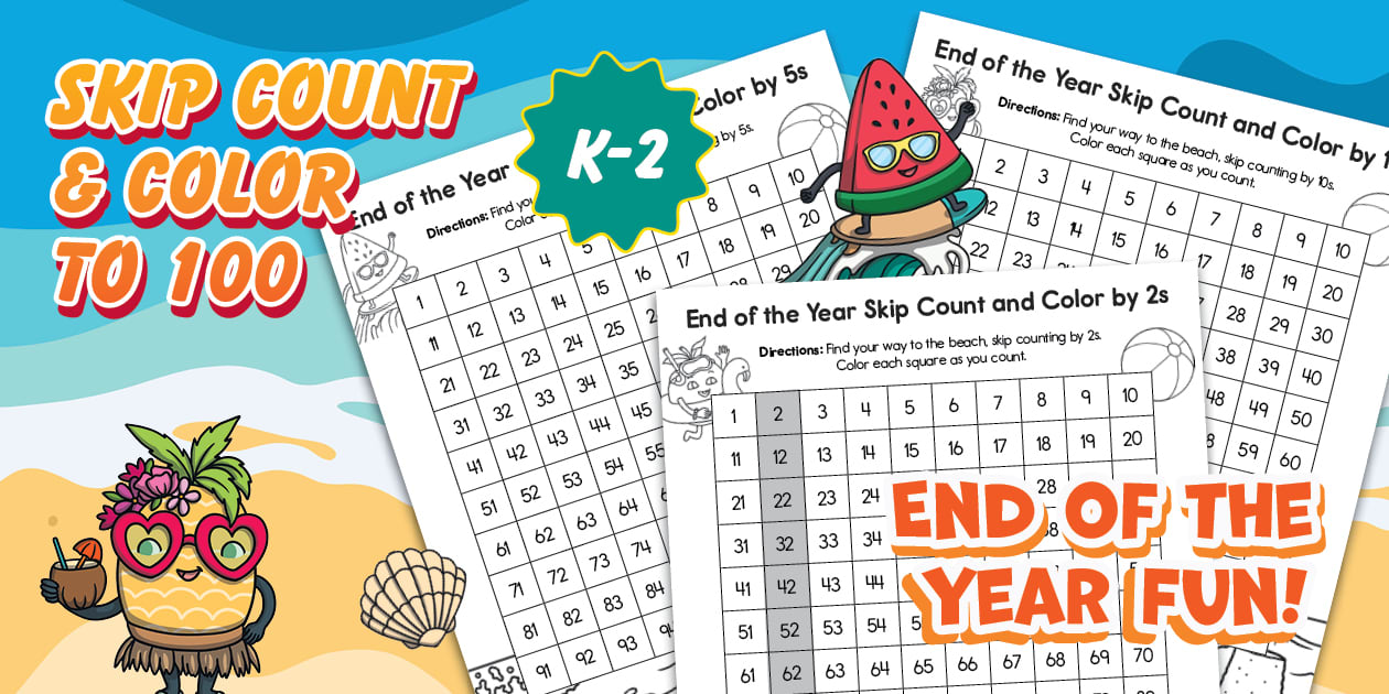 End of the Year Skip Count and Color to 100 Worksheet