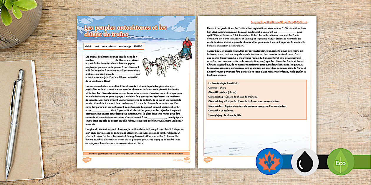 Indigenous Sled Dogs Cloze Activity French (teacher made)