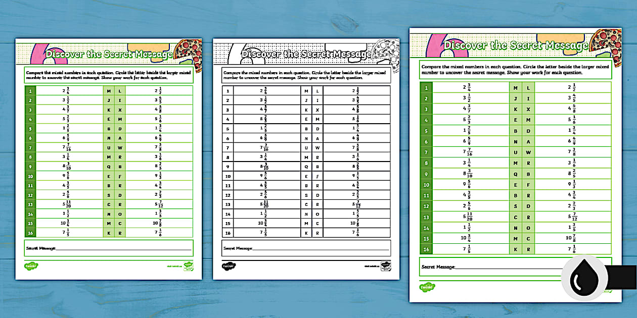 Secret Message Comparing Mixed Numbers Activity Sheet