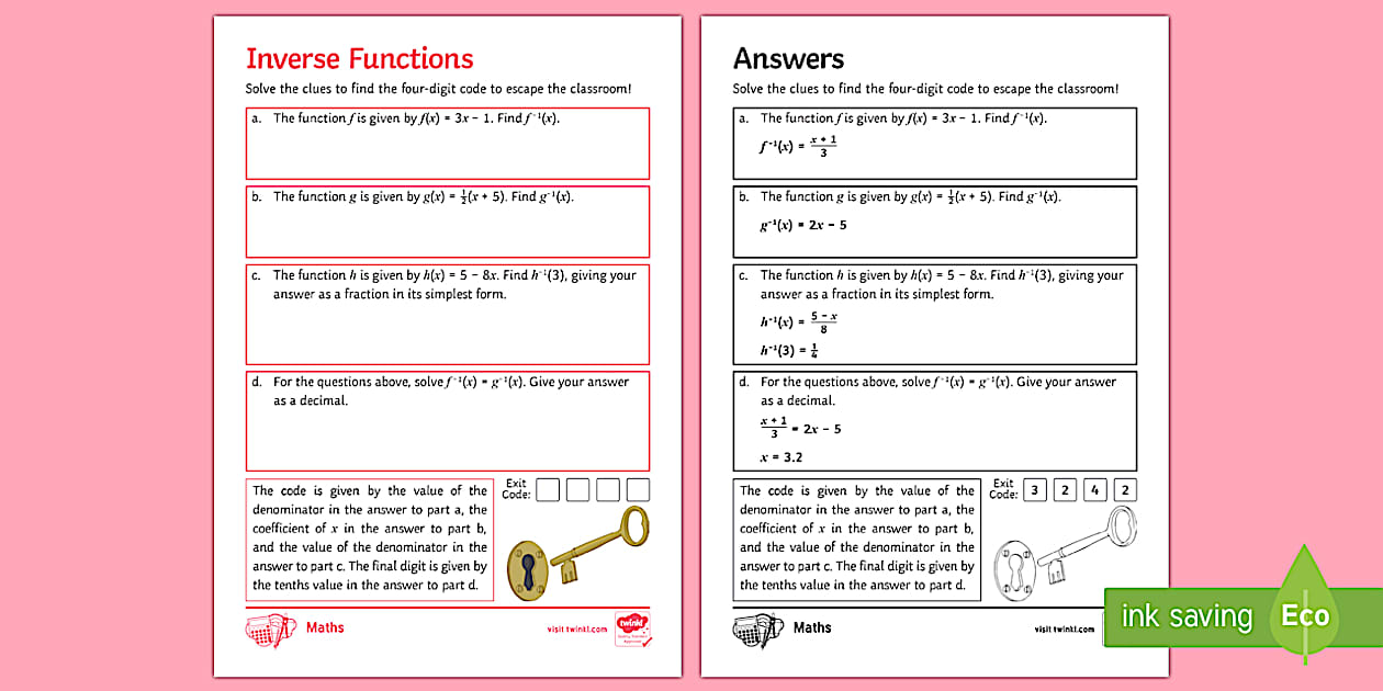 Escape the Room: Inverse Functions Challenge Card - Twinkl