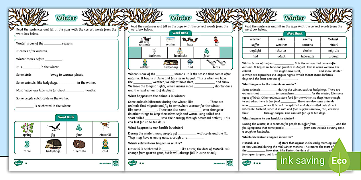 NZ Winter Cloze Procedure Differentiated Worksheets - Twinkl