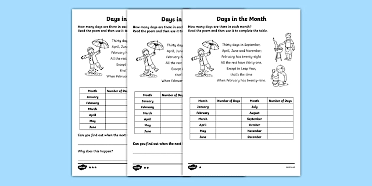 How Many Days in Each Month of the Year Worksheet - Twinkl