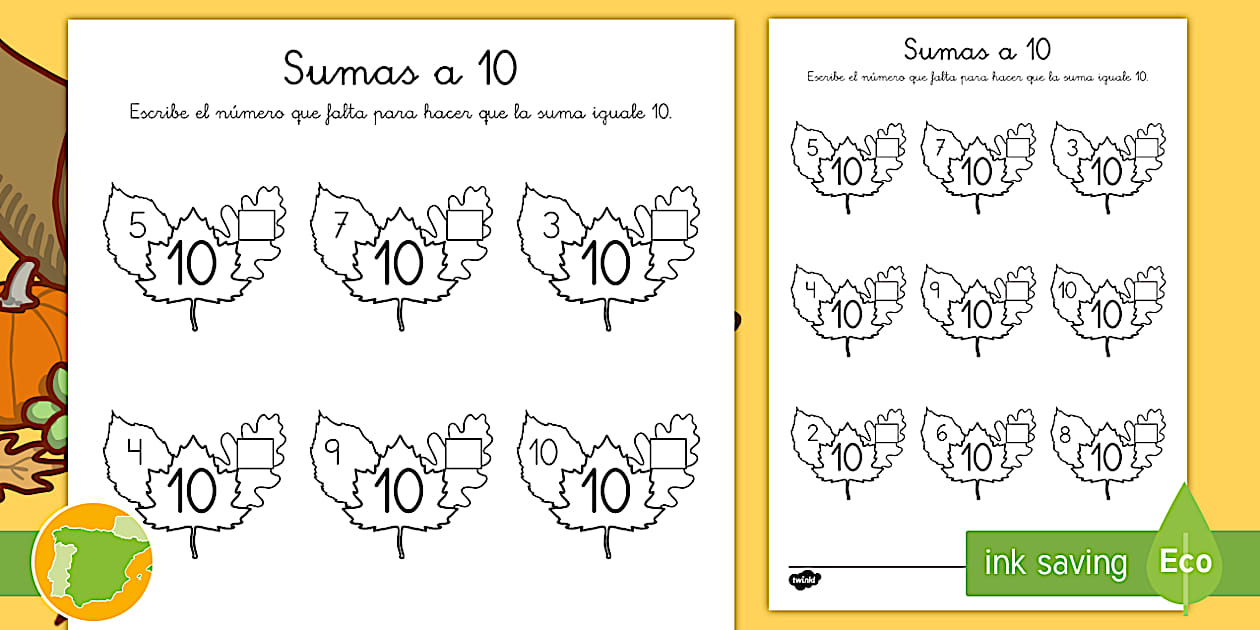 Ficha de actividad: Sumas a 10 - Otoño - Twinkl