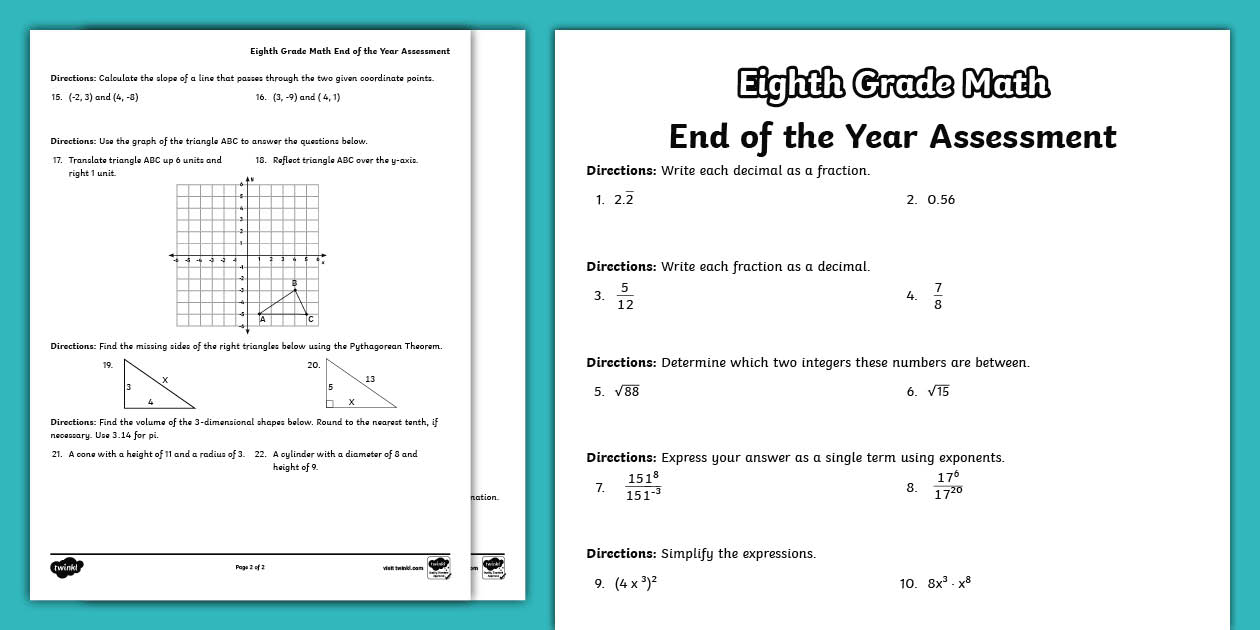 Eighth Grade End of the Year Math Assessment (teacher made)