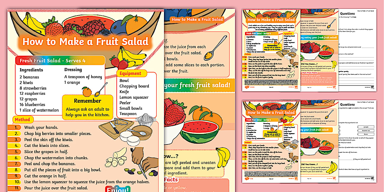 KS1 Fruit Salad Recipe Differentiated Comprehension - Twinkl