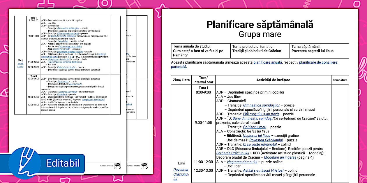 Povestea nașterii lui Iisus: Planificare grupa mare